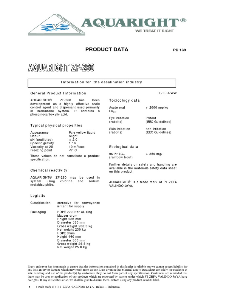 Aquaright ZF260 | Download Free PDF | Chemistry | Physical Sciences