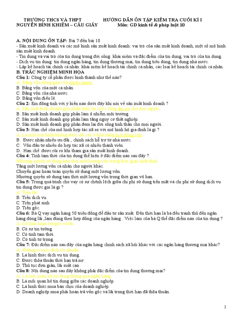 K10 - Đề Cương CK1 - GD Kinh Tế Và Pháp Luật | PDF
