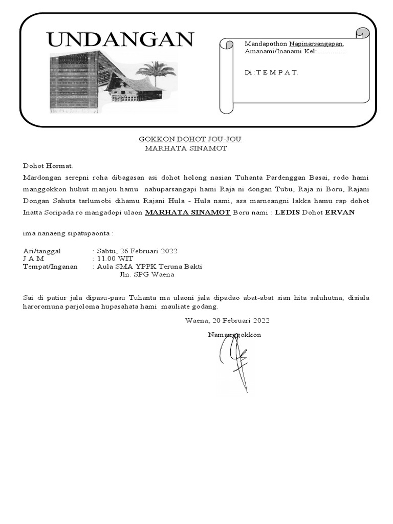 Undangan Marhata Sinamot Ledis & Ervan | PDF