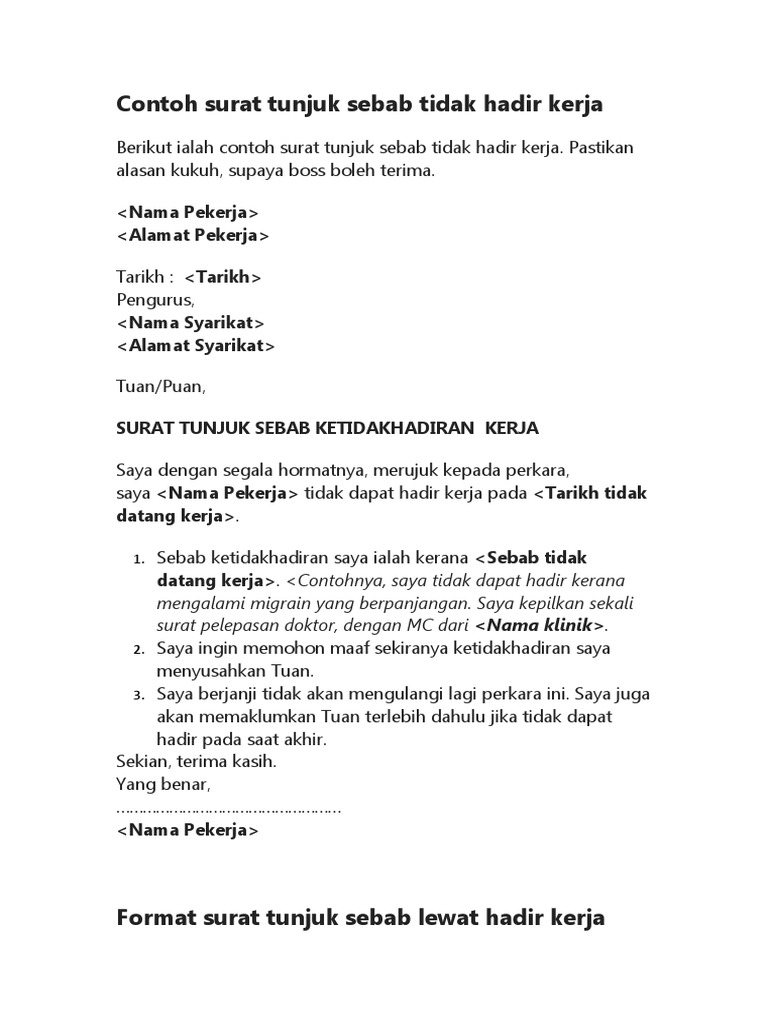 Contoh Surat Tunjuk Sebab Tidak Hadir Kerja | PDF Contoh Surat Tunjuk Sebab Tidak Hadir Kerja | PDF