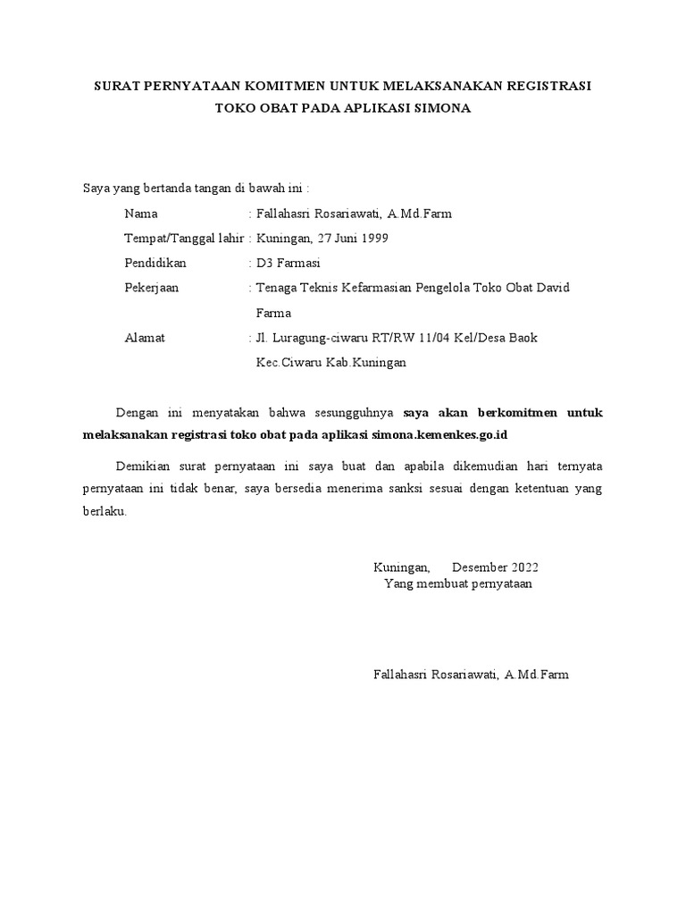 Surat Pernyataan Komitmen Untuk Melaksanakan Registrasi Toko Obat Pada ...