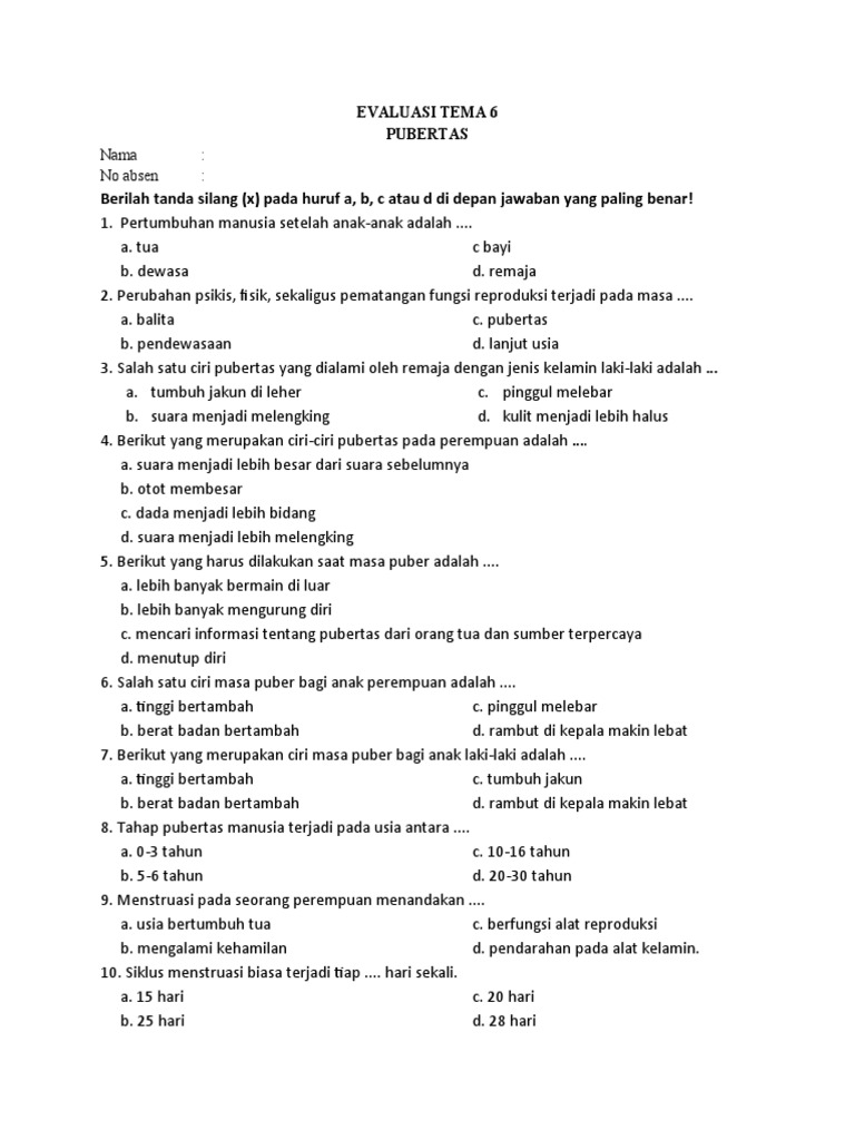 Evaluasi Tema 6 Pubertas | PDF | Pengembangan Diri
