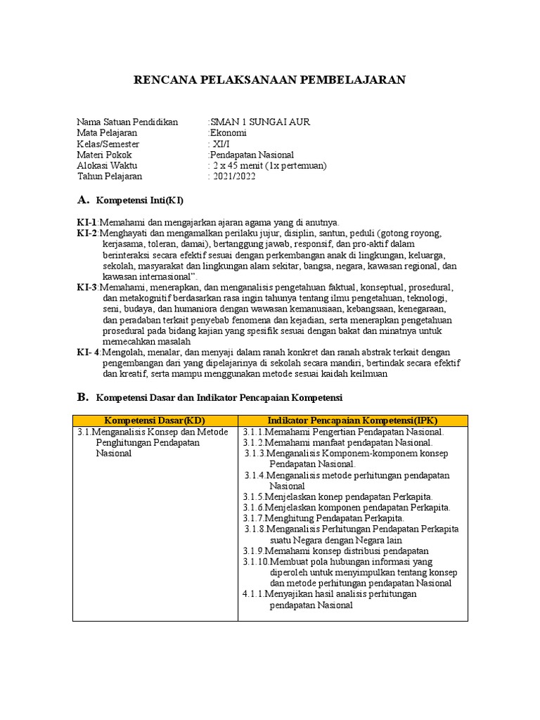 RPP KELAS XI SEM 1 Pendapatan Nasional BAB 1 | PDF | Karier & Perkembangan