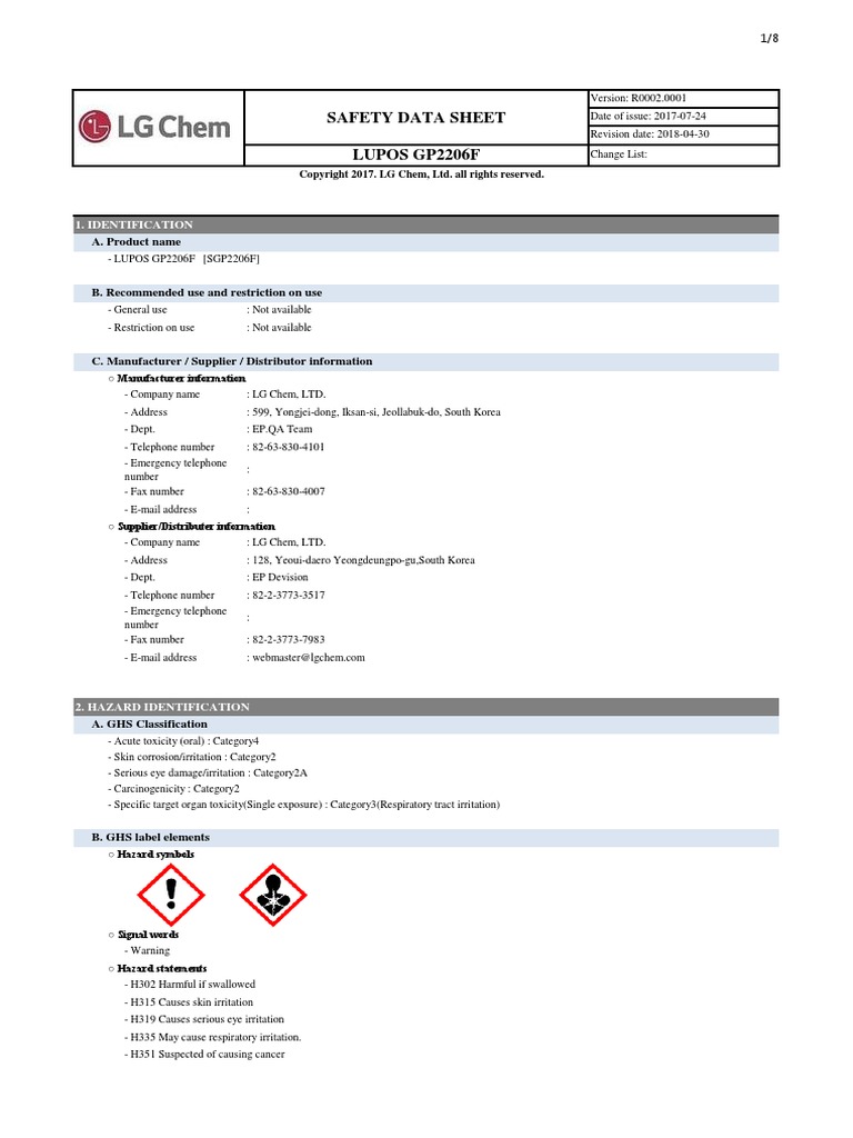 MSDS ABS GF 20% V0 LG Chem | PDF | Firefighting | Chemistry