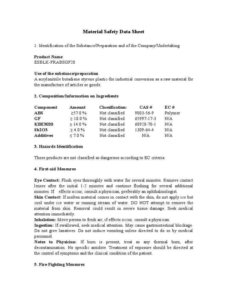 MSDS ABS GF 20% V0 Xinda | PDF | Firefighting | Fires