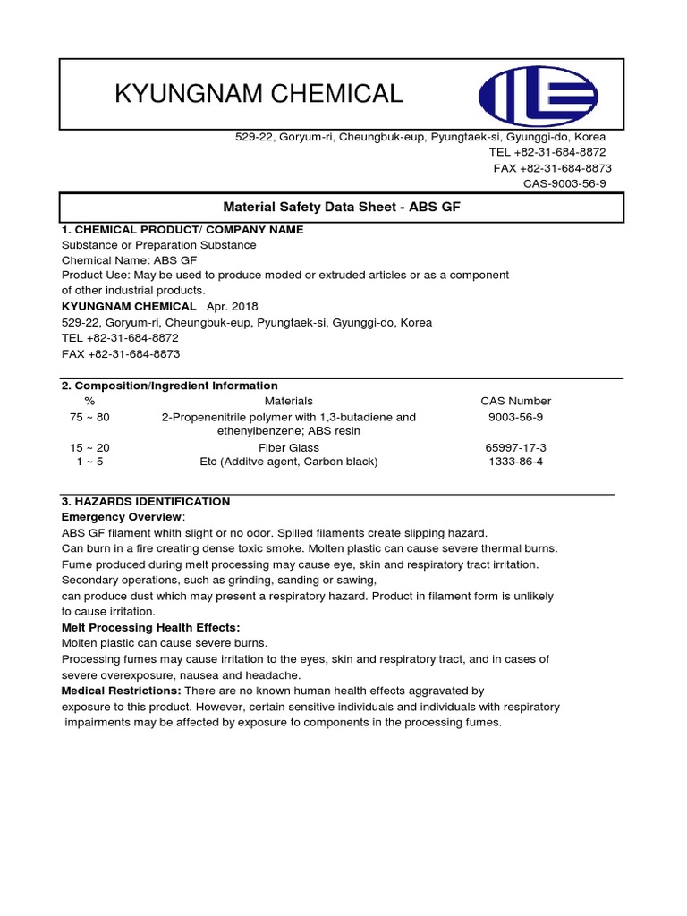Safety Data Sheet for ABS GF Material: Hazards, Handling Instructions ...