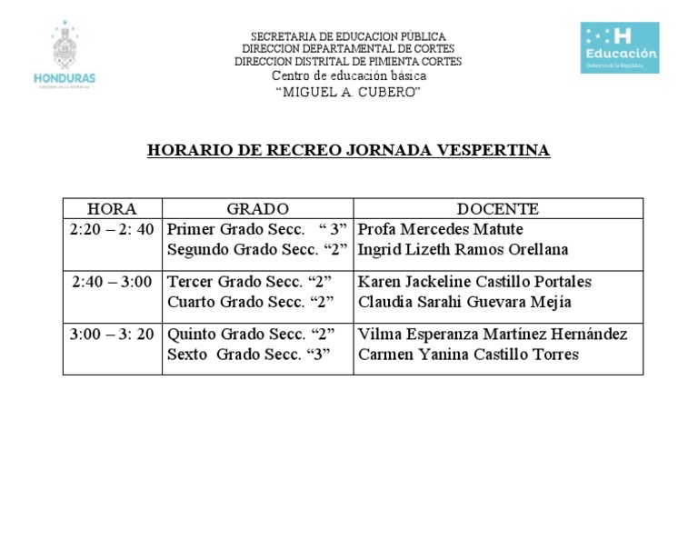 Horario de Recreo Jornada Vespertina | PDF