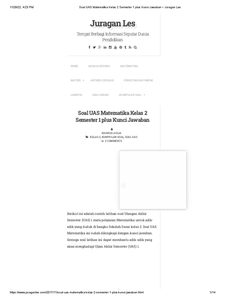 Soal UAS Matematika Kelas 2 Semester 1 Plus Kunci Jawaban - Juragan Les | PDF