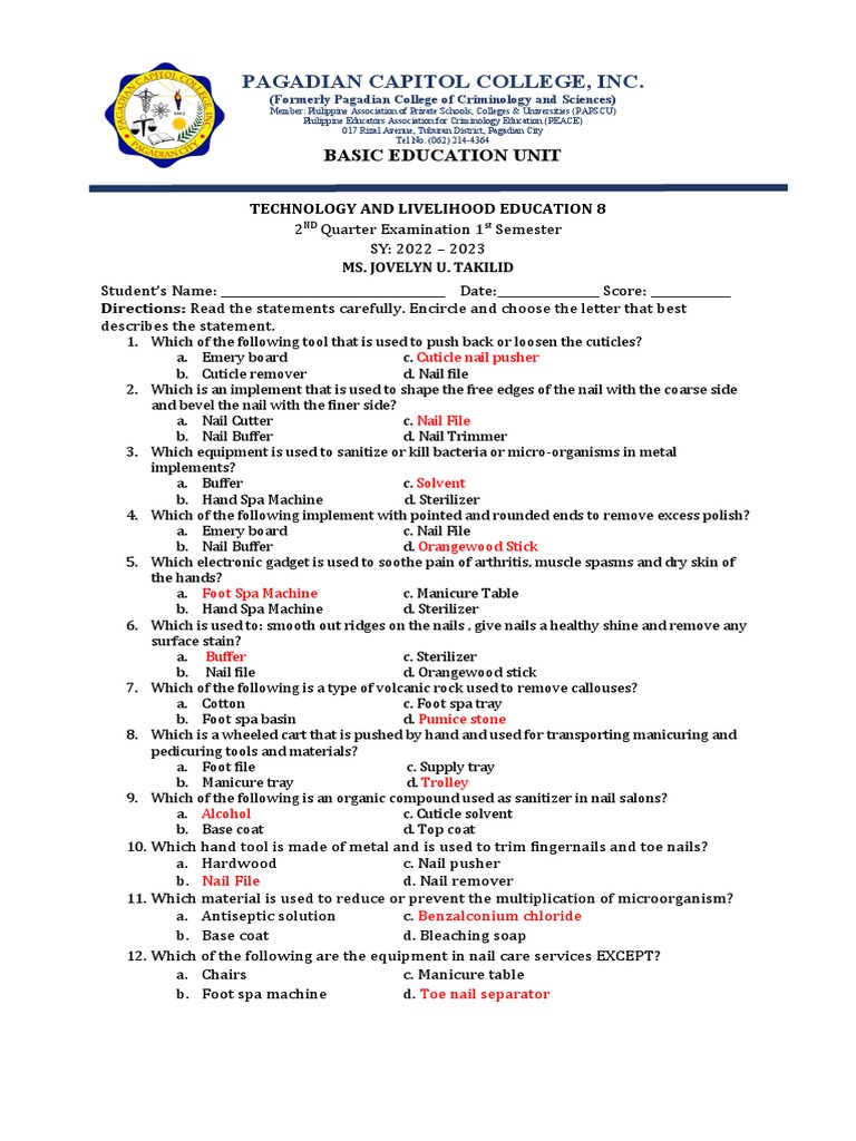Grade 8 Tle Quarter Exam | PDF | Nail (Anatomy) | Personal Protective ...