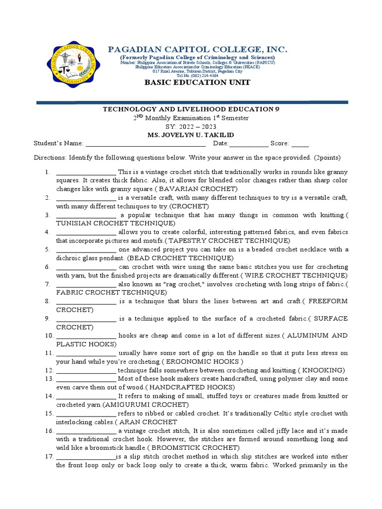 Grade 9 Tle Monthly Exam | PDF | Crochet | Knitting