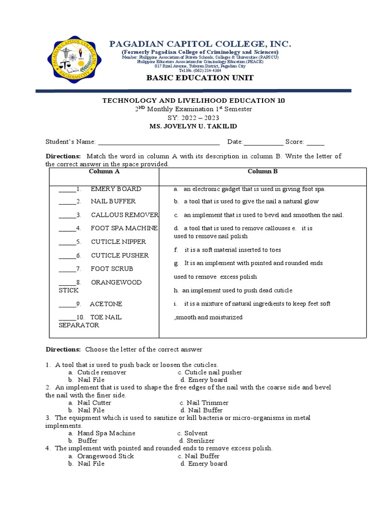 Grade 8 Tle Monthly Exam | PDF | Nail (Anatomy)