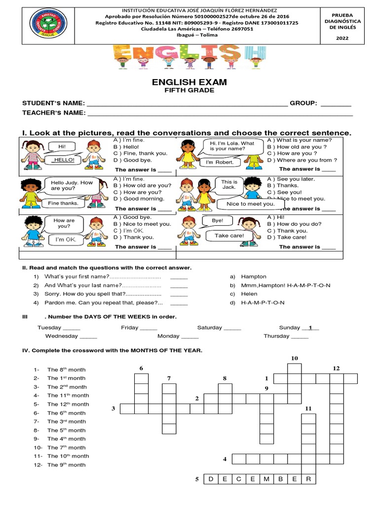 Prueba Diagnóstica de Inglés Grado 5° 2022 | PDF