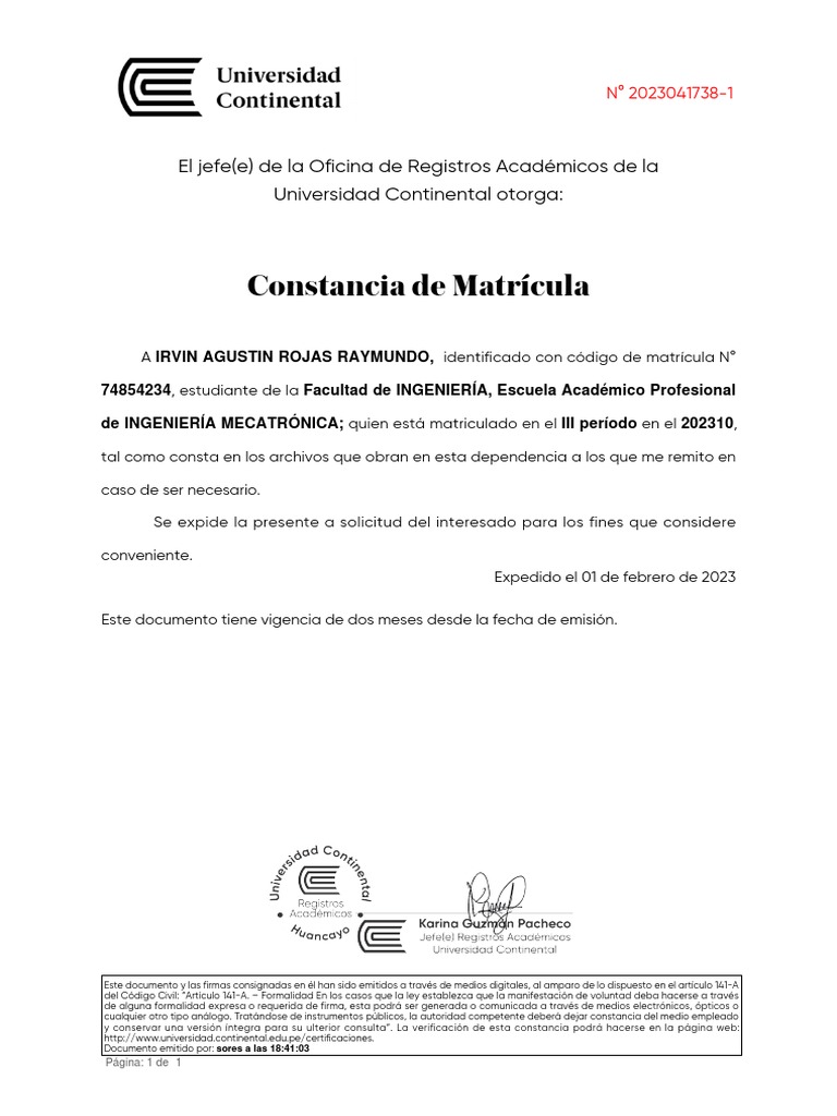 Constancia de Matrícula: El Jefe (E) de La Oficina de Registros ...