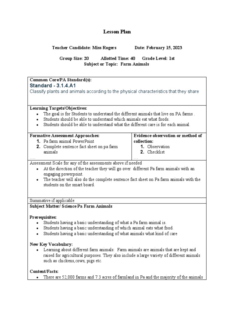 Lesson Plan Farm Animals | PDF | Teachers | Lesson Plan Lesson Plan Farm Animals | PDF | Teachers | Lesson Plan