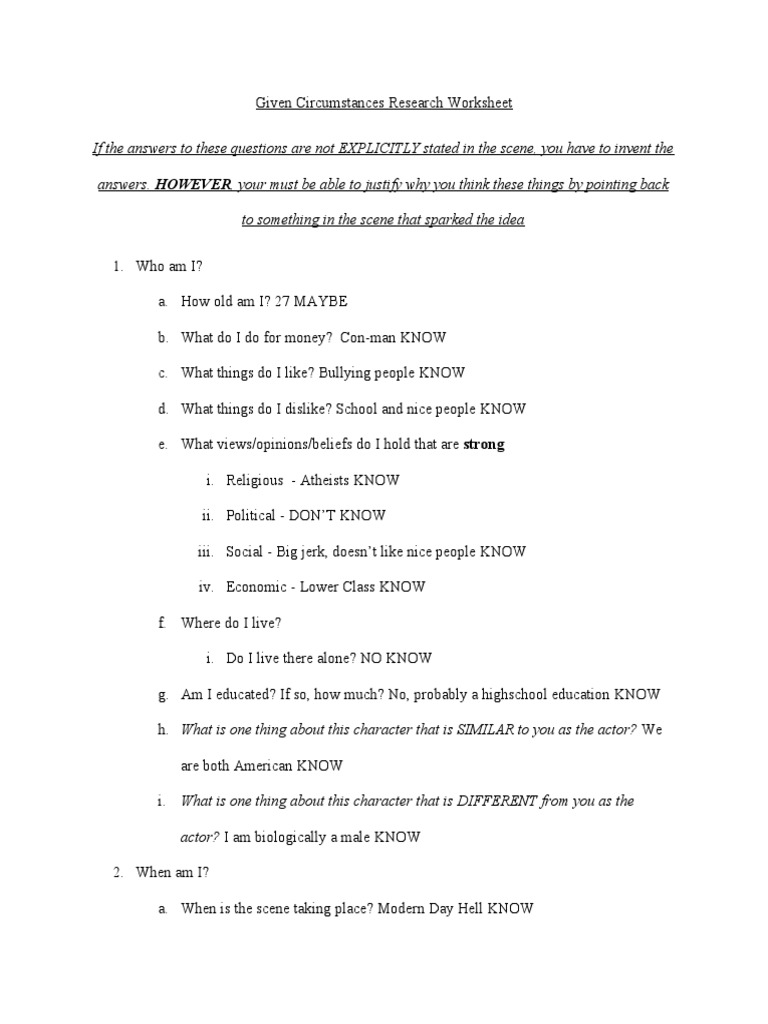 Given Circumstances Research Worksheet | PDF