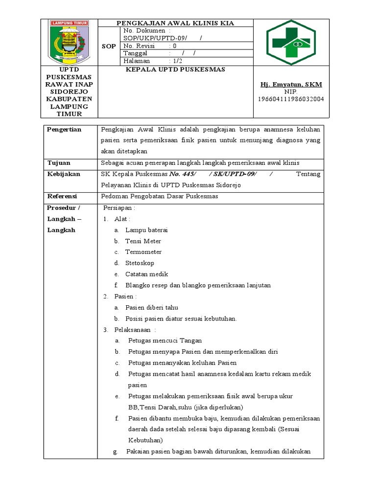 SOP Pengkajian Awal Klinis KIA | PDF
