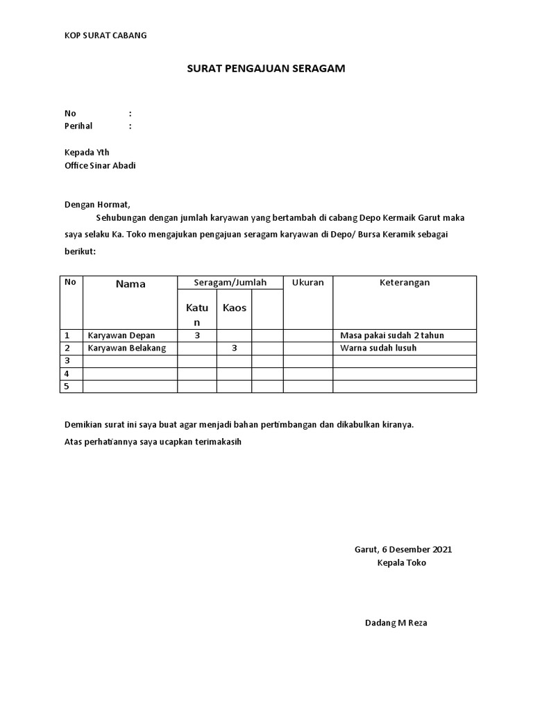 Surat Pengajuan Seragam | PDF
