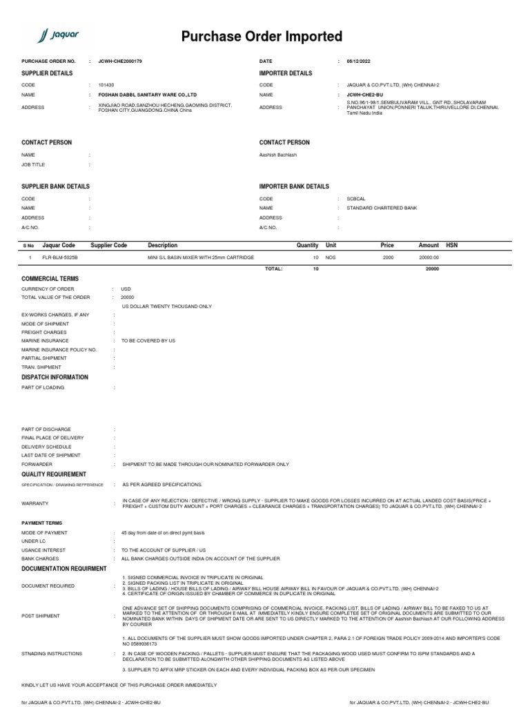 Purchase Order Imported: Supplier Details Importer Details | PDF ...