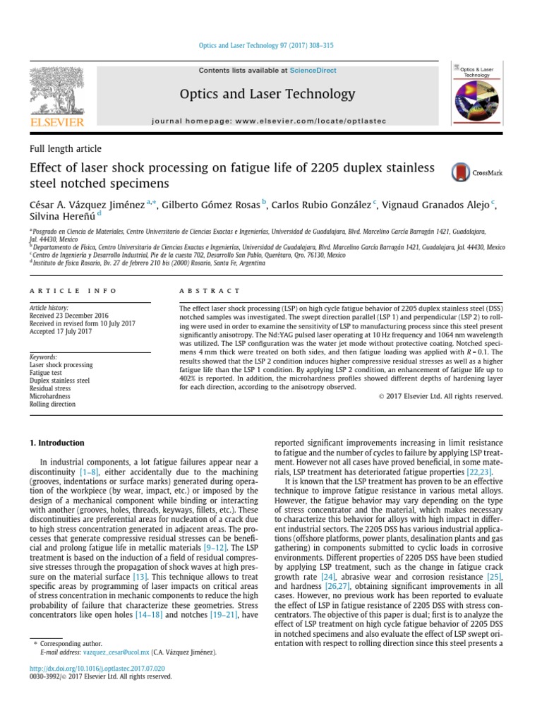 Laser Shock Processing on 2205 DSS Fatigue Life | PDF | Fracture ...