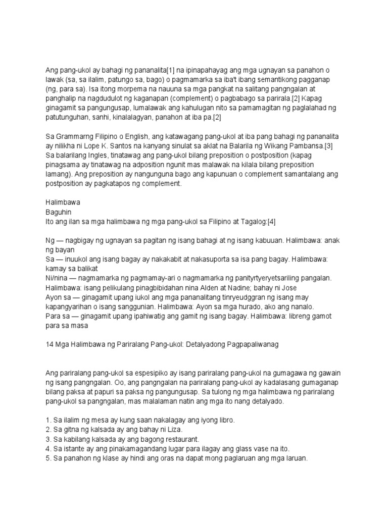 14 Mga Halimbawa NG Pariralang Pang-Ukol - Detalyadong Pagpapaliwanag | PDF
