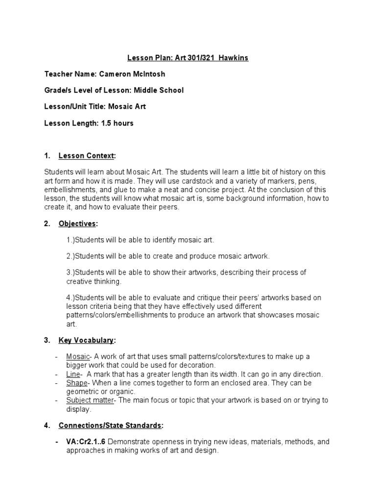 Art Mosaic Lesson Plan | PDF | Teachers | Lesson Plan