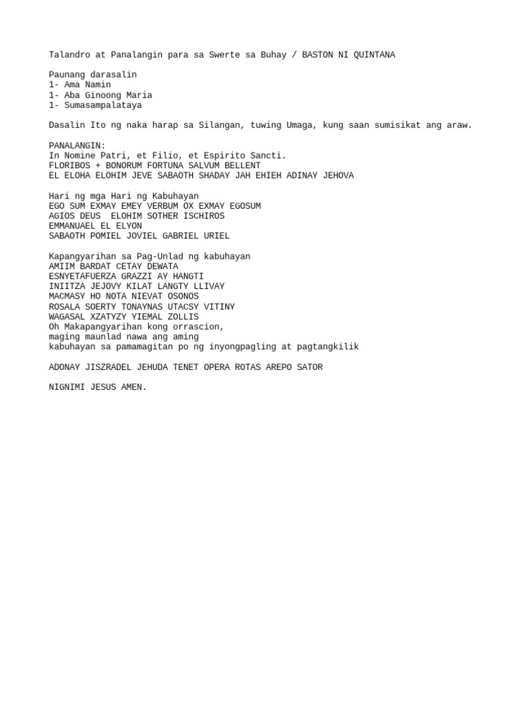 Talandro at Panalangin para Sa Swerte Sa Buhay - BASTON NI QUINTANA | PDF