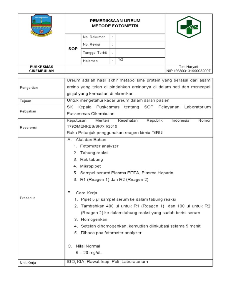 SOP PEMERIKSAAN UREUM FX | PDF