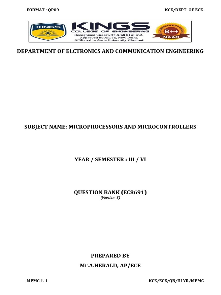 Question Bank for Microprocessors and Microcontrollers Course at KCE Department of Electronics ...