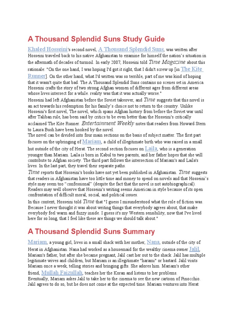 A Thousand Splendid Suns Study Guide | PDF
