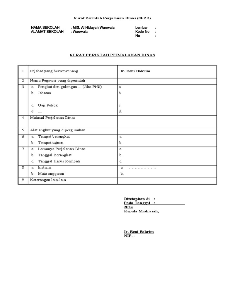 Format SPPD Surat Perintah Perjalanan Dinas Sekolah | PDF