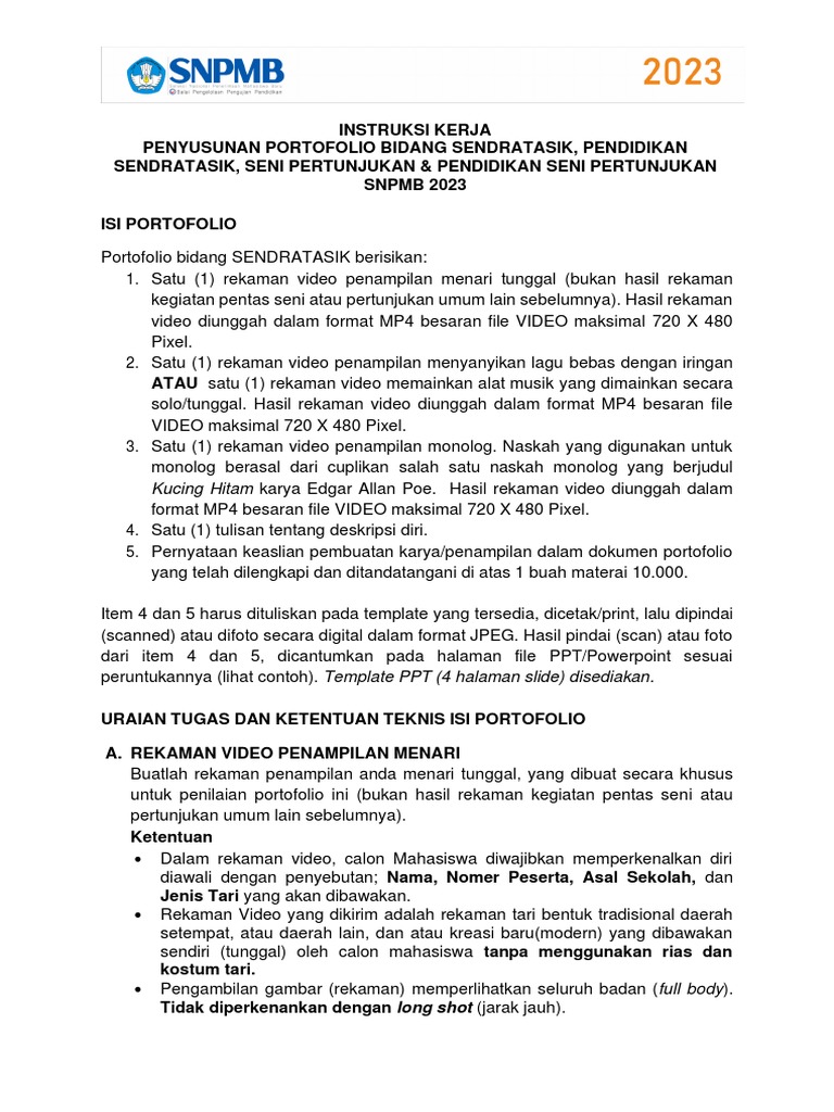00 Instruksi Kerja Penyusunan Portofolio Sendratasik SNPMB 2023 | PDF