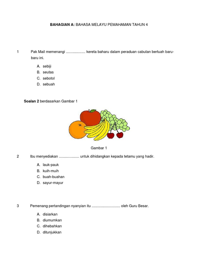 Soalan Bahasa Melayu Pemahaman Tahun 4 | PDF