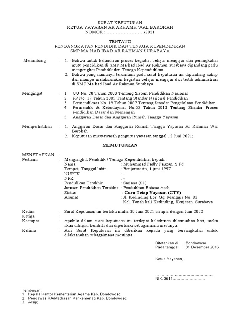 Contoh SK Pengangkatan Pendidik Dan Tenaga Kependidikan Revisi | PDF
