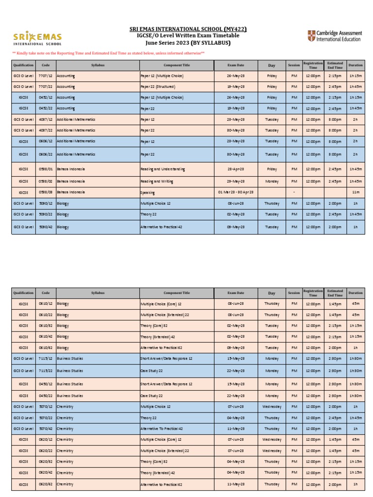 By Syllabus Written Exam Timetable June Series 2023 Updated 5th Jan ...