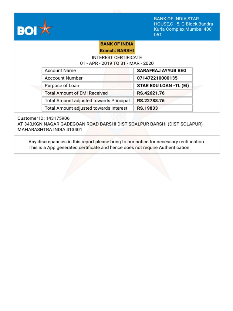 BOI Loan Interest Certificate - 28dec2019 | PDF