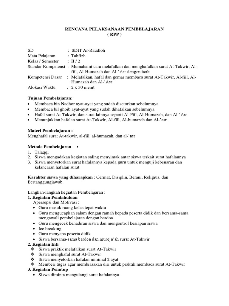 RPP Tahfizh Kelas 2 | PDF