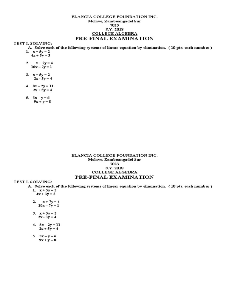 Pre-Final Exam College 2018-2019 | PDF | Mathematical Objects | Applied Mathematics
