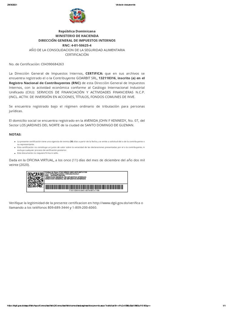 Registro Ministerio de Hacienda GOARBIT | PDF