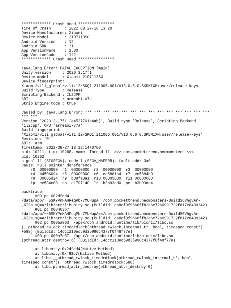 Xiaomi Crash Report: Unity Error Log | PDF | Business | Computers