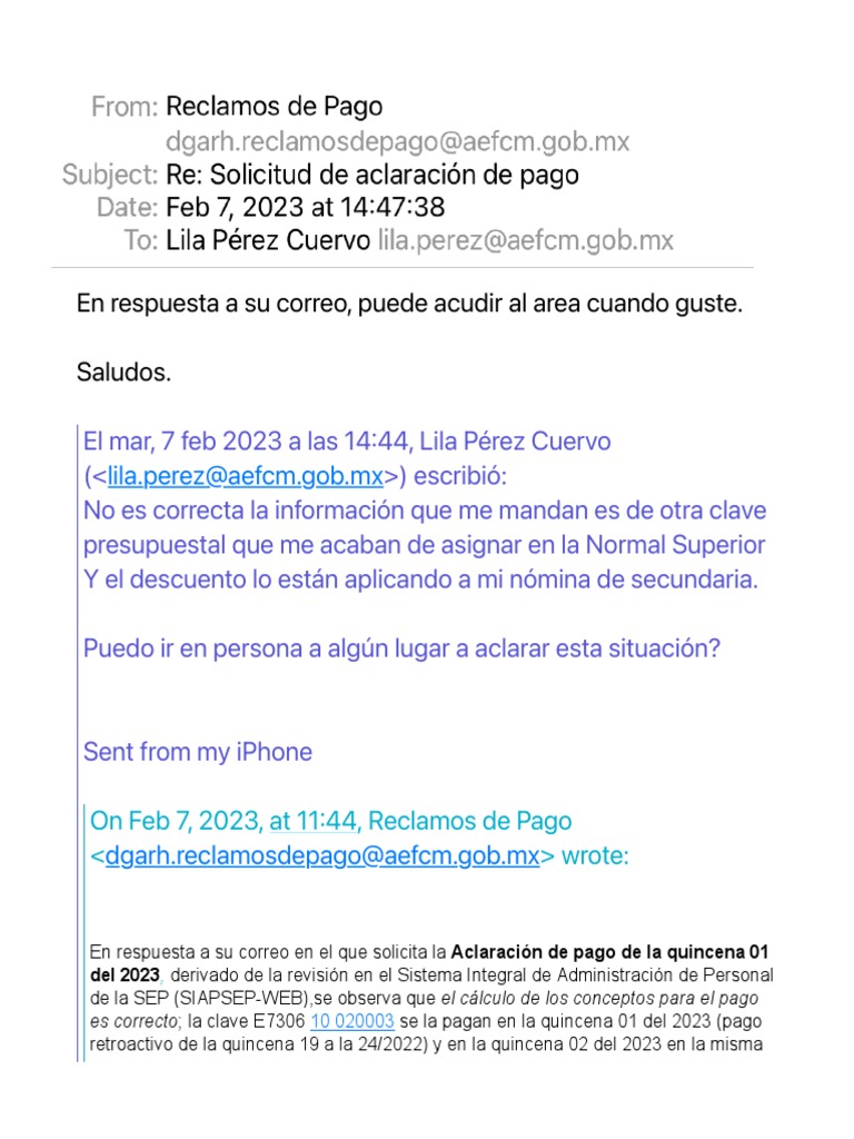 Re Solicitud de Aclaración de Pago | PDF