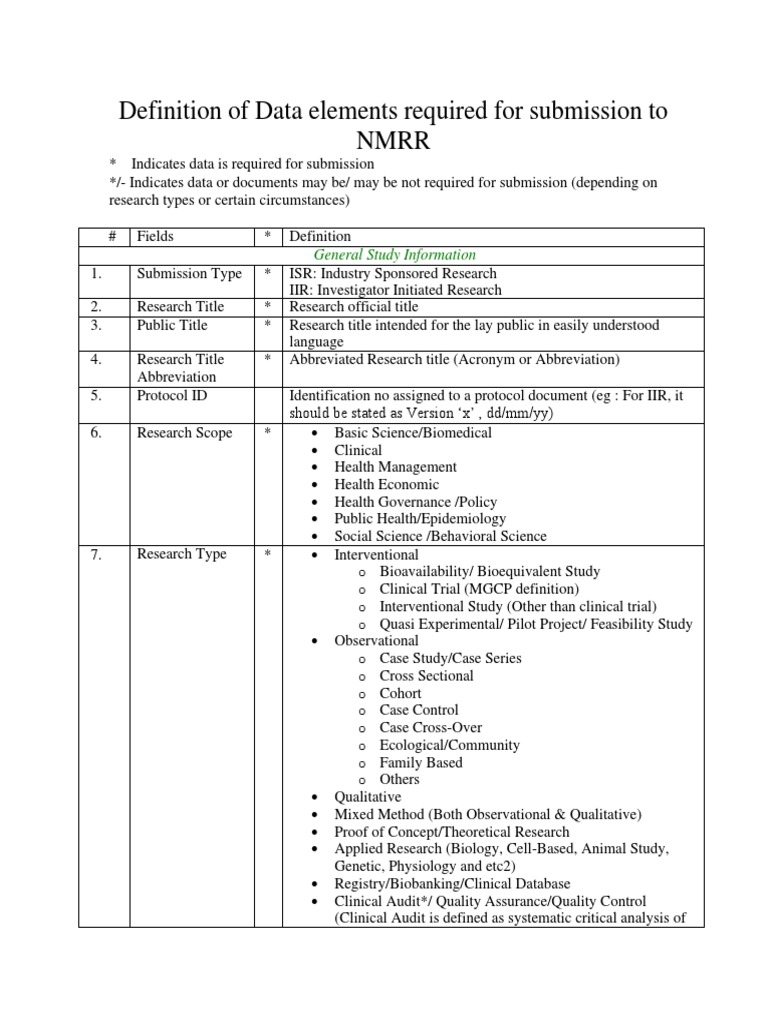 NMRR Data Elements For Submission Version 2 | PDF | Phases Of Clinical ...