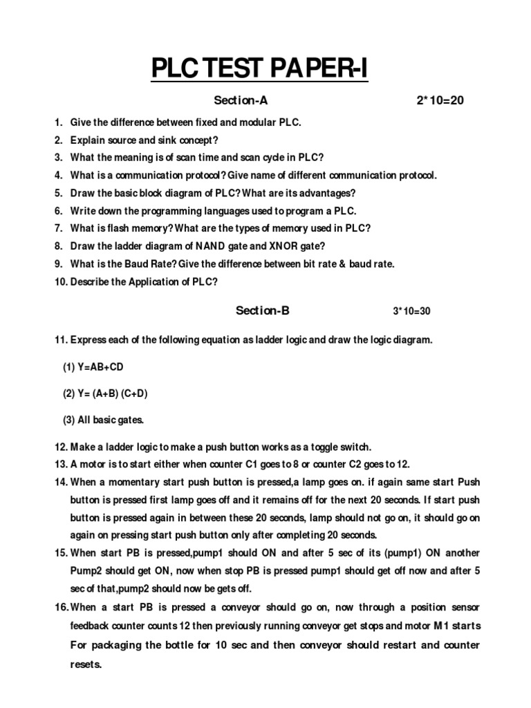 PLC Test Paper | PDF | Programmable Logic Controller | Logic Gate