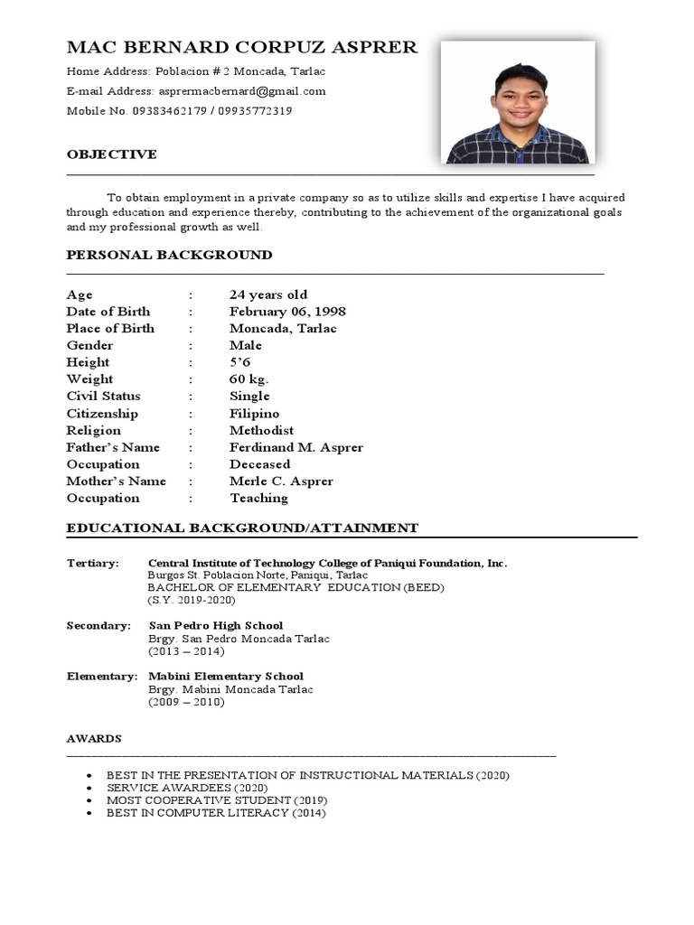 Mac Bernard C. Asprer (Resume) | PDF | Learning | Cognition