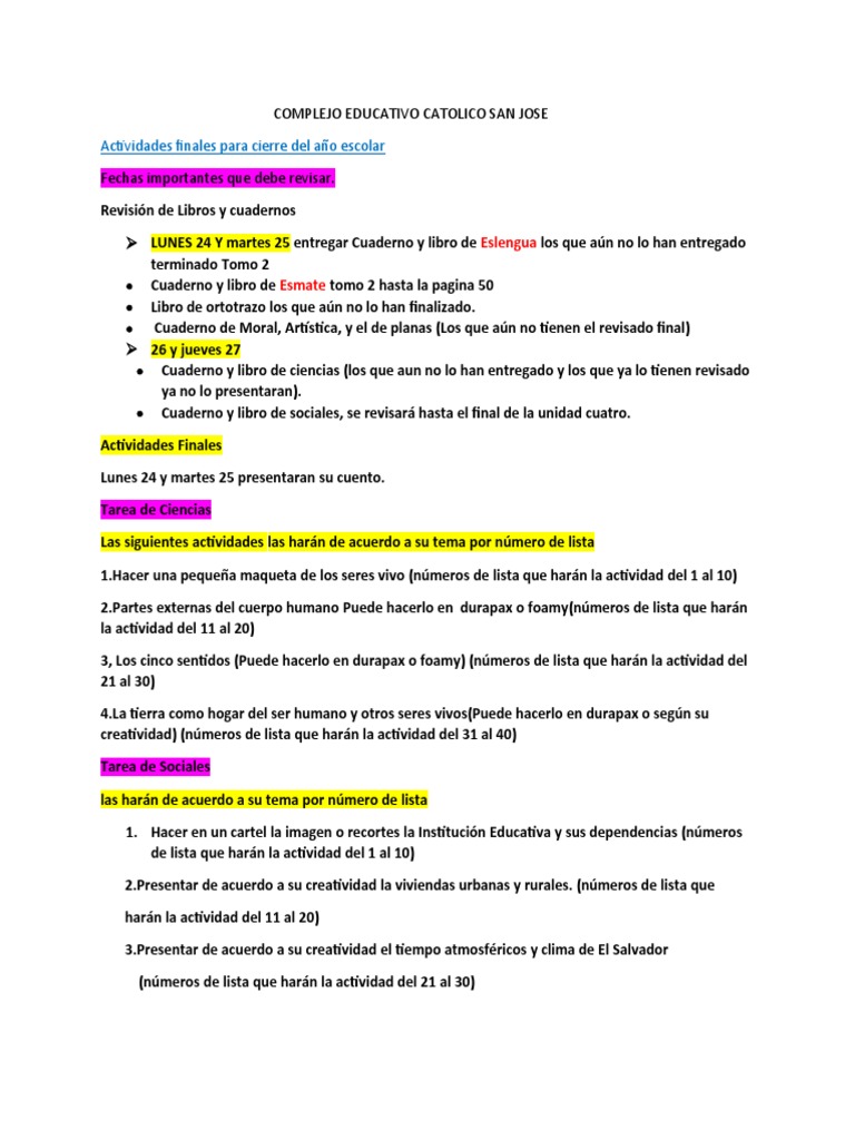 Actividades Finales para Primer Grado | PDF
