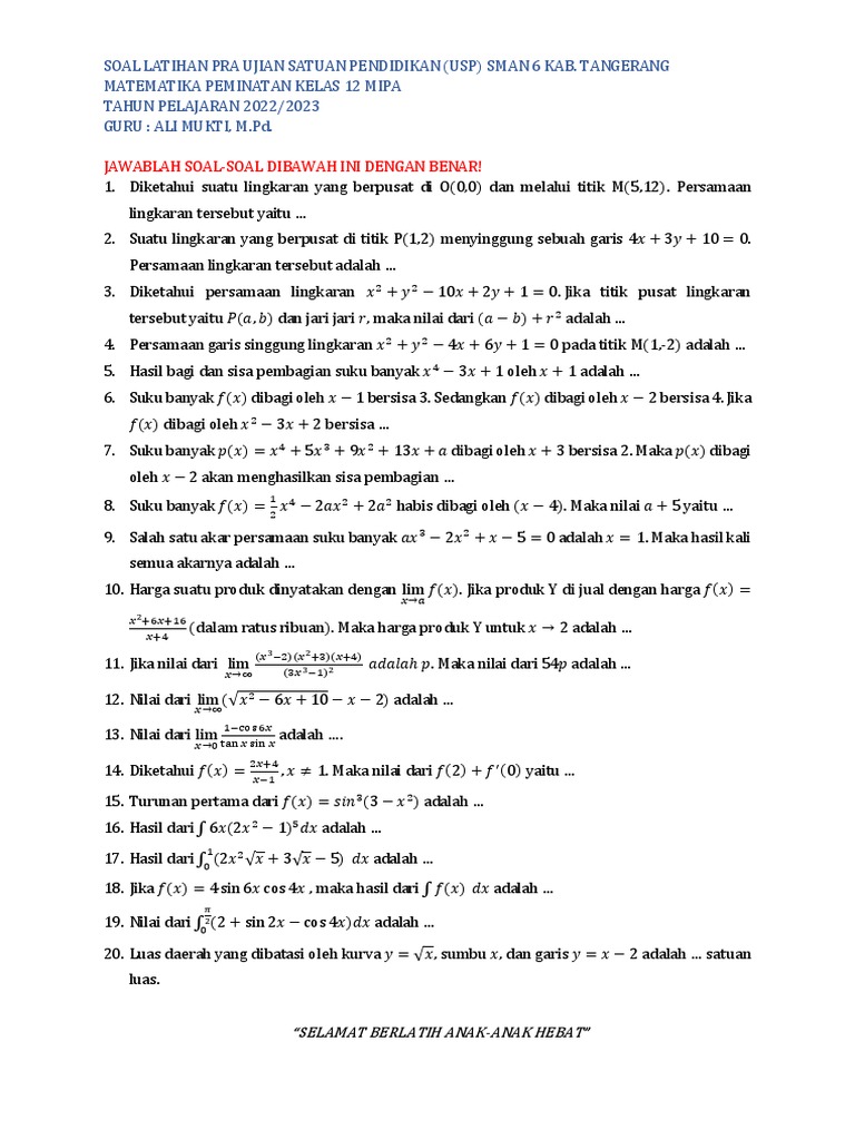 Soal Latihan Pra USP Matematika Minat Bagian 1 | PDF | Metode & Bahan Ajar