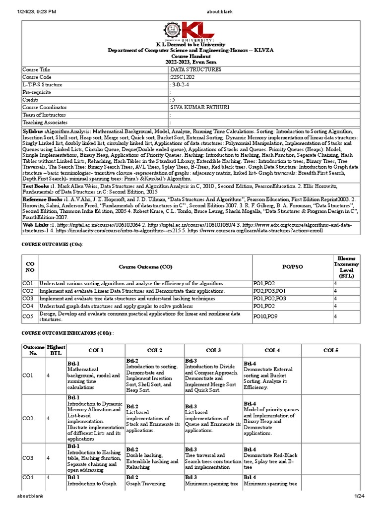Data Structures Course Outline | PDF | Engineering | Algorithms And ...