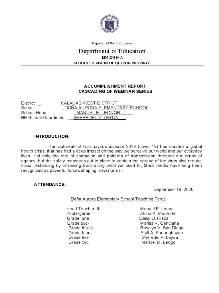 Dona Aurora Es-Be-Accomplishment-Report-Form | PDF | Self-Improvement ...