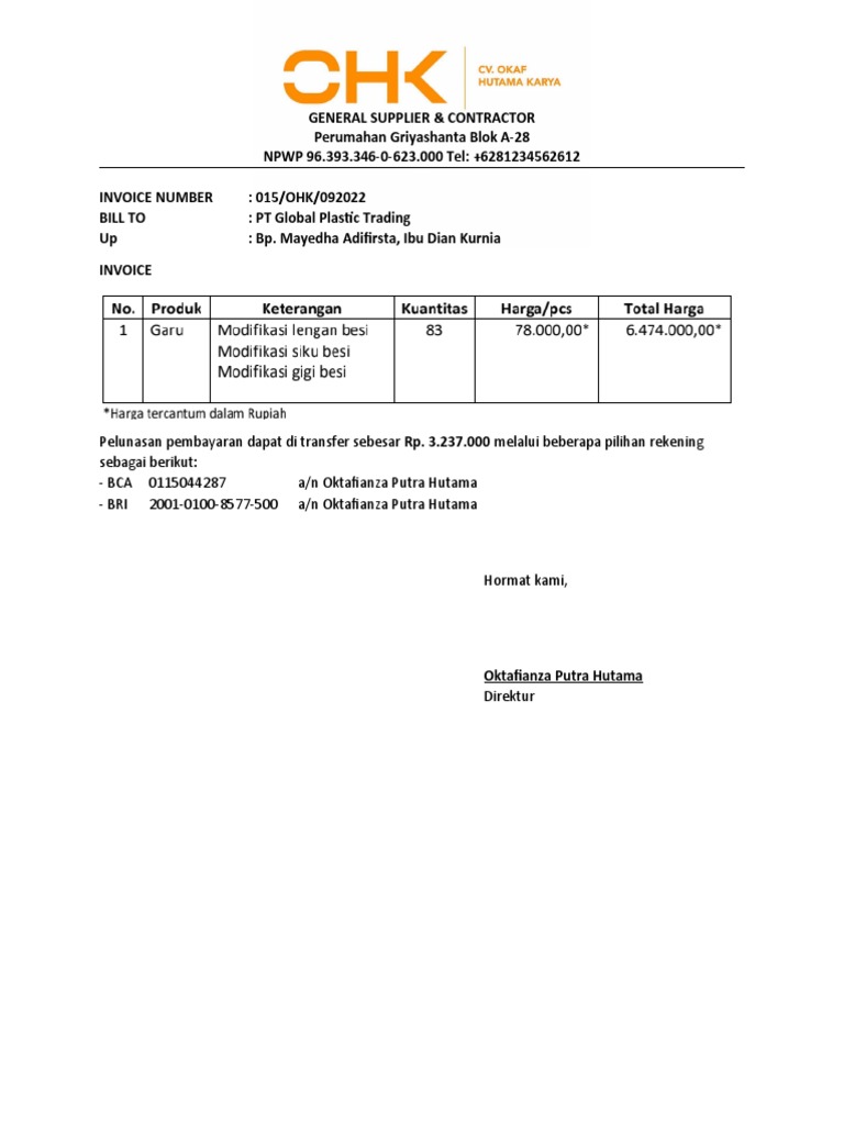 Invoice Pembayaran PT OHK | PDF