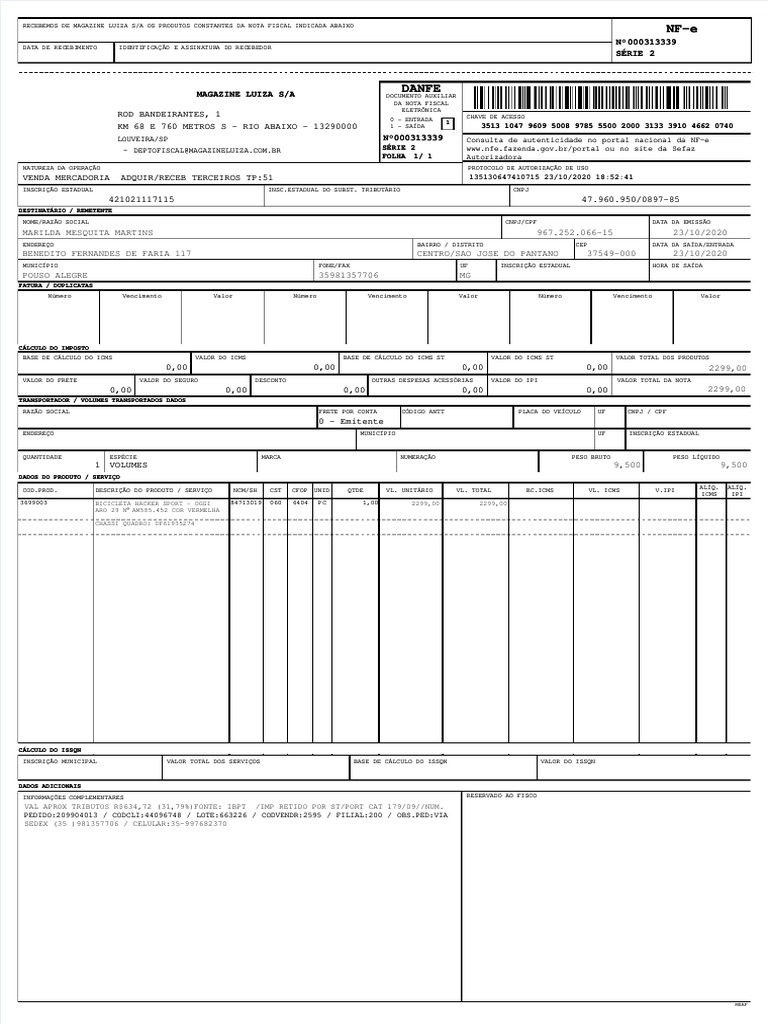 Nota Fiscal Bicicleta Oggi | PDF | Recibo | Documento