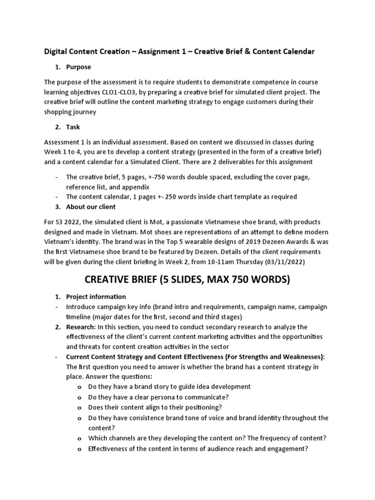 Assignment 1 - Creative Brief & Content Calendar | PDF | Brand | Marketing